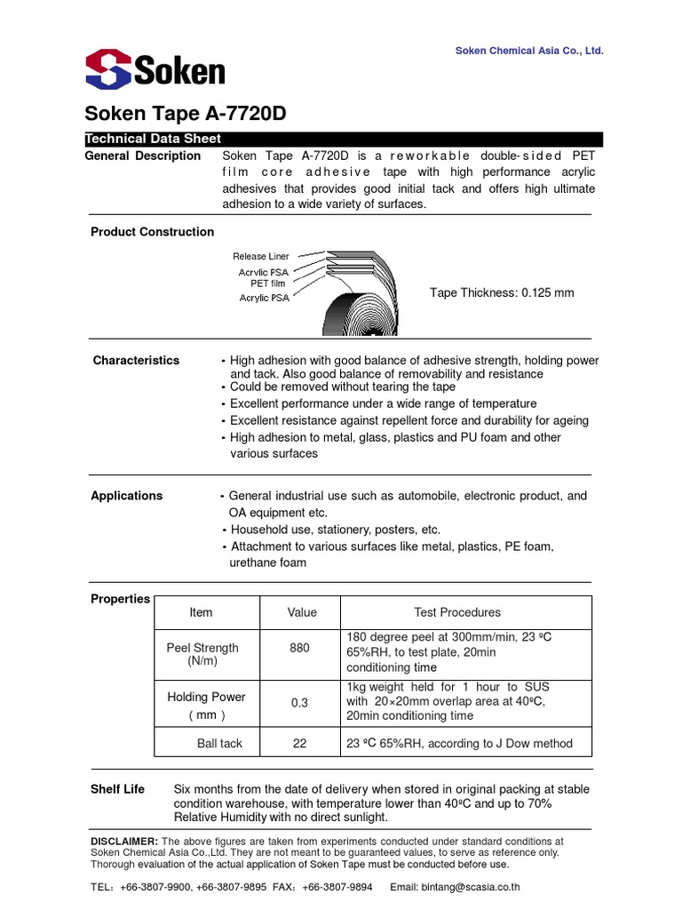 Technical Sheet Soken Tape A-7720d (SCA-EnG-SI) | PDF | Adhesive | Plastic