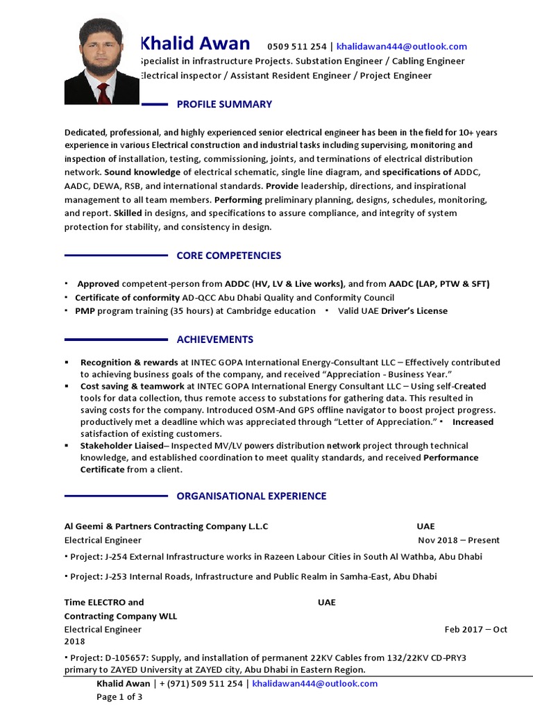 Khalid Awan CV of Electrical Engineer 1 | PDF | Electrical Substation ...