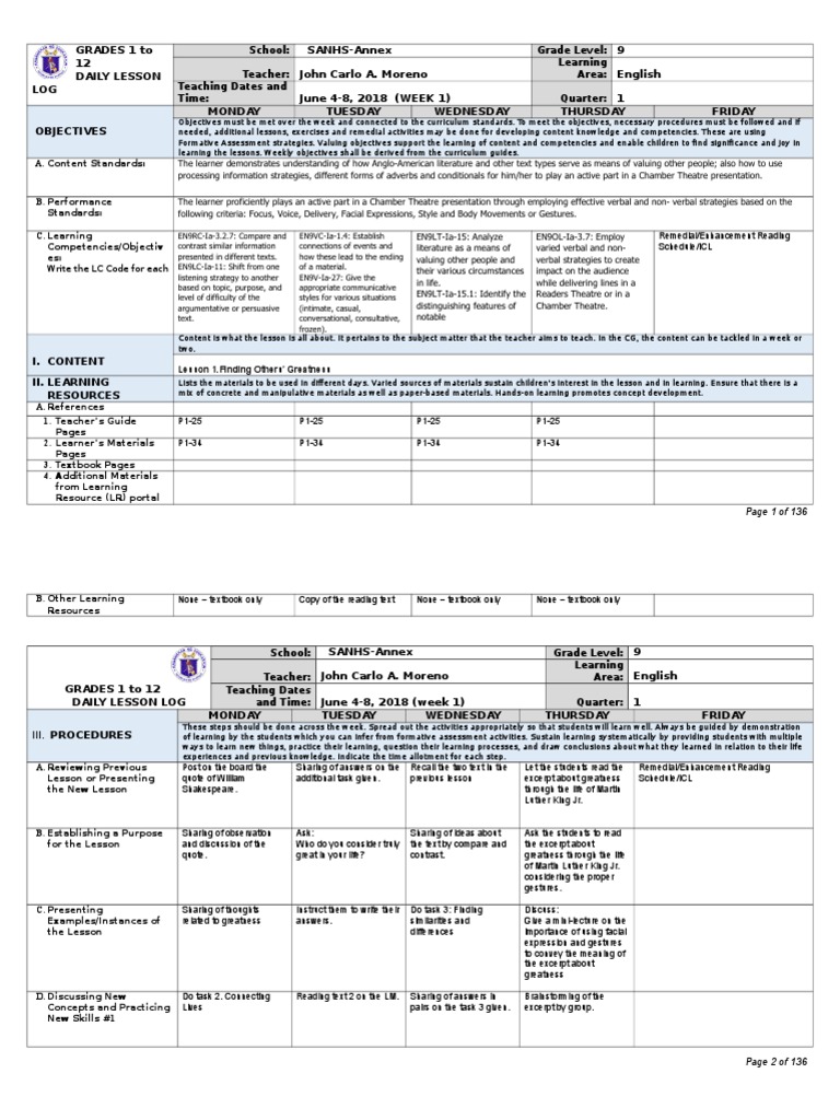 Grade 9 English DLL | PDF | Teachers | Learning