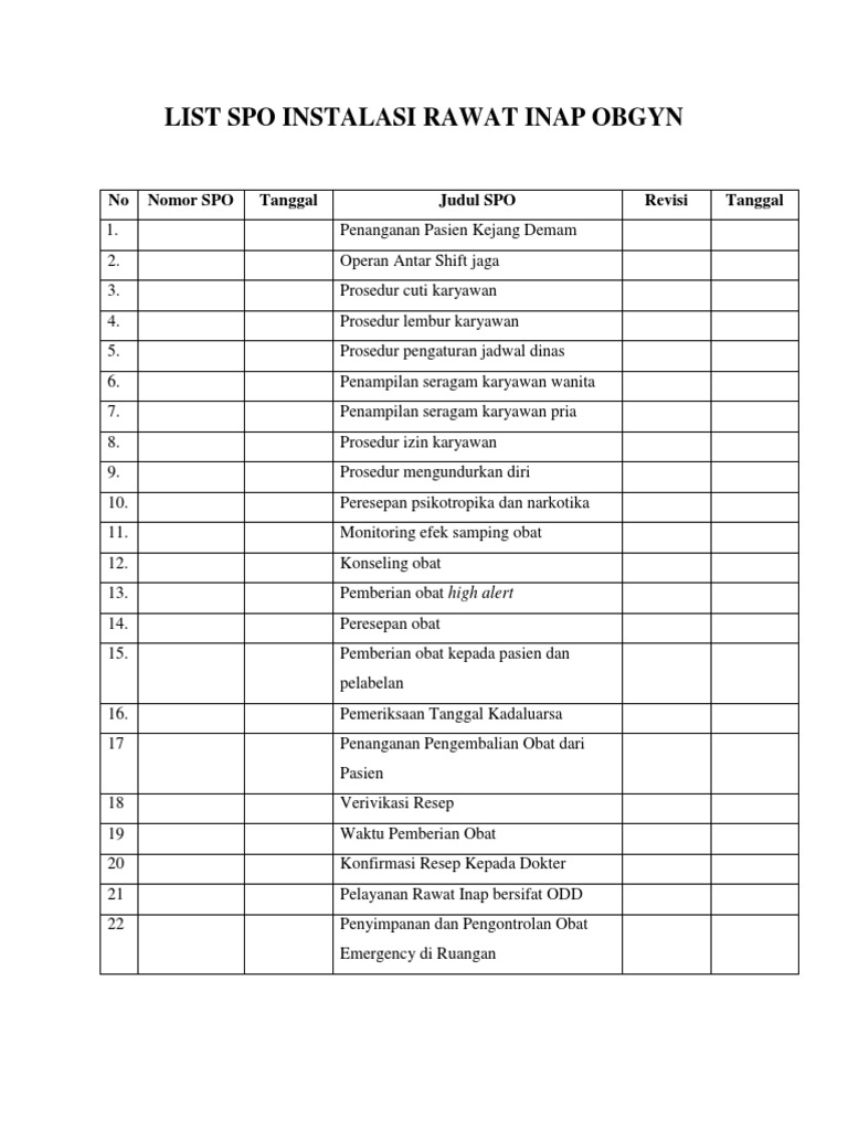 List Spo Instalasi Rawat Inap Obgyn Dan Anak | PDF