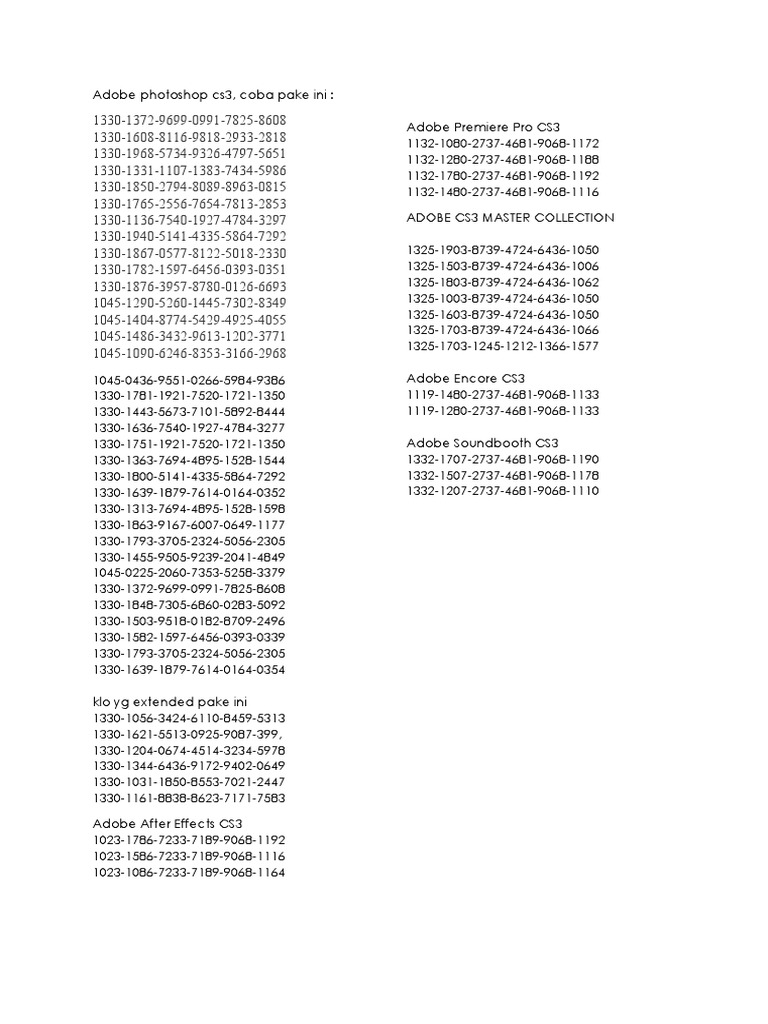 Adobe CS3 Serial Numbers List | PDF