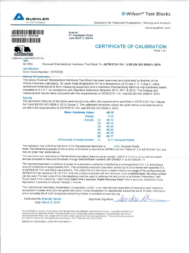 Wilson Test Block Certificate PDF | PDF