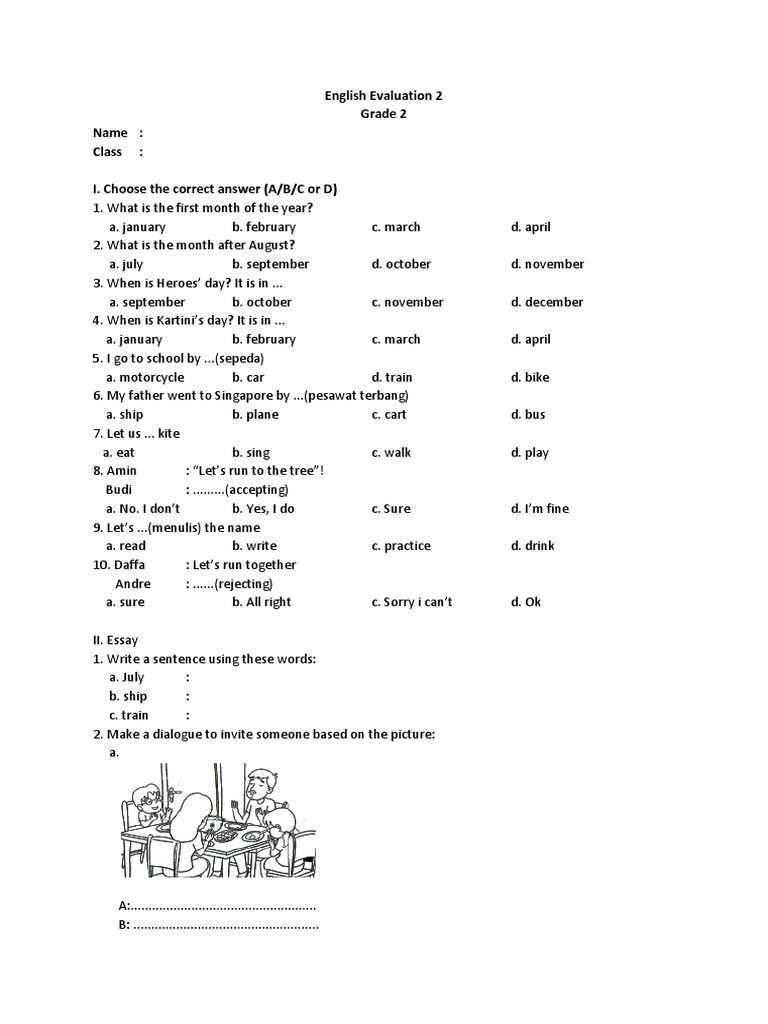 English Evaluation 2 Grade 2 Name: Class: I. Choose The Correct Answer ...