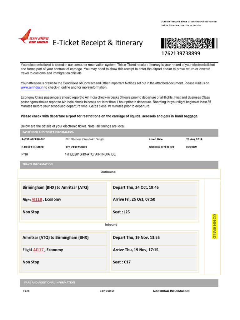 E-Ticket Receipt & Itinerary: WWW - Airindia.in | PDF | Service ...