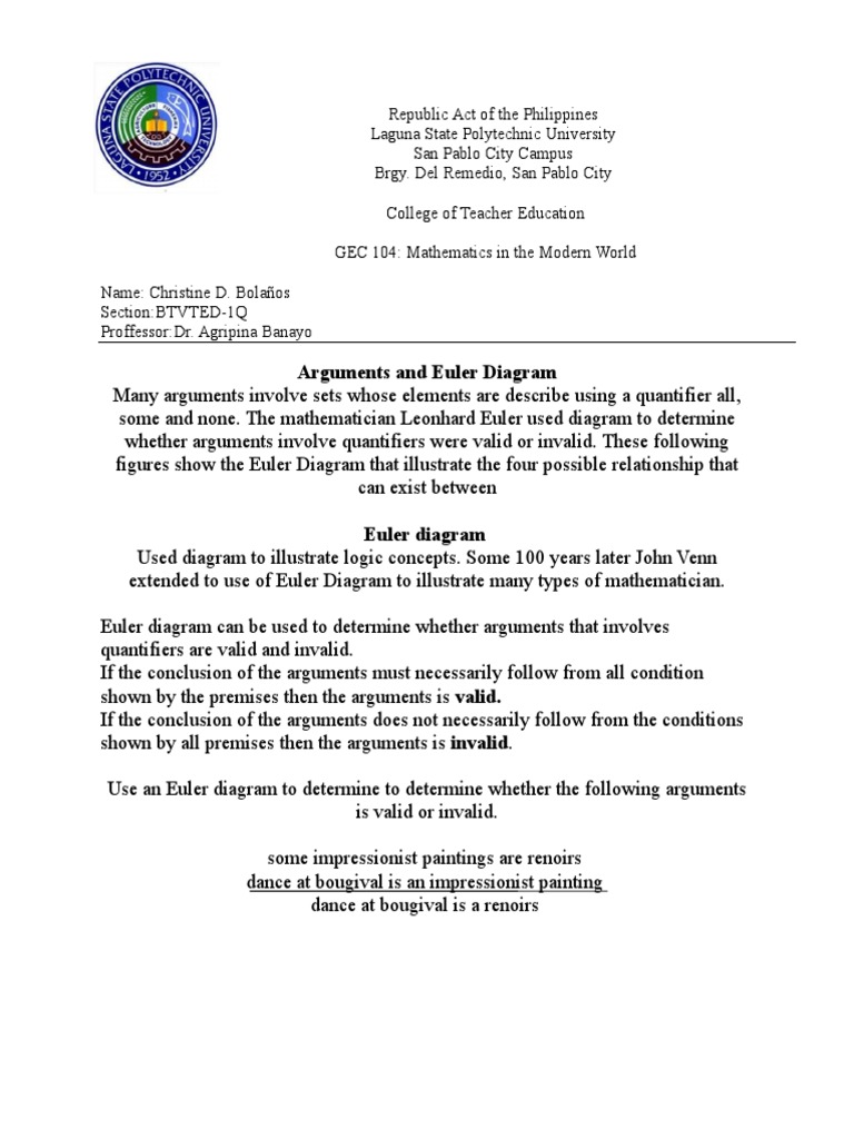 Arguments and Euler Diagram | PDF | Argument | Logic