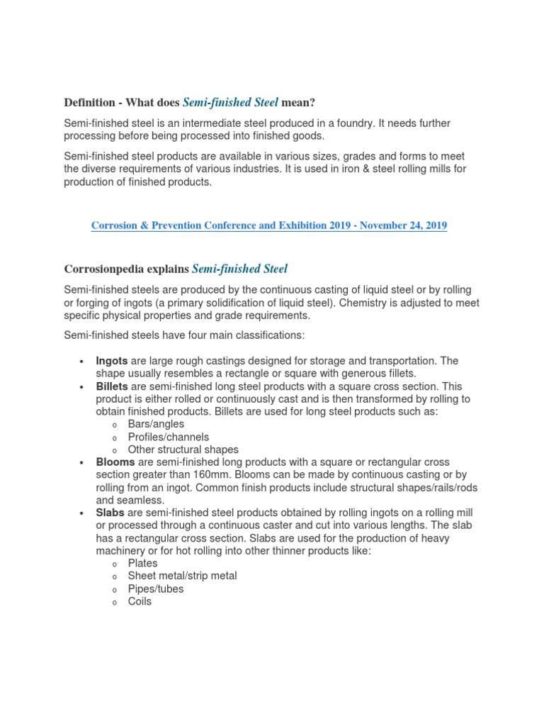 Definition - What Does Mean?: Semi-Finished Steel | PDF