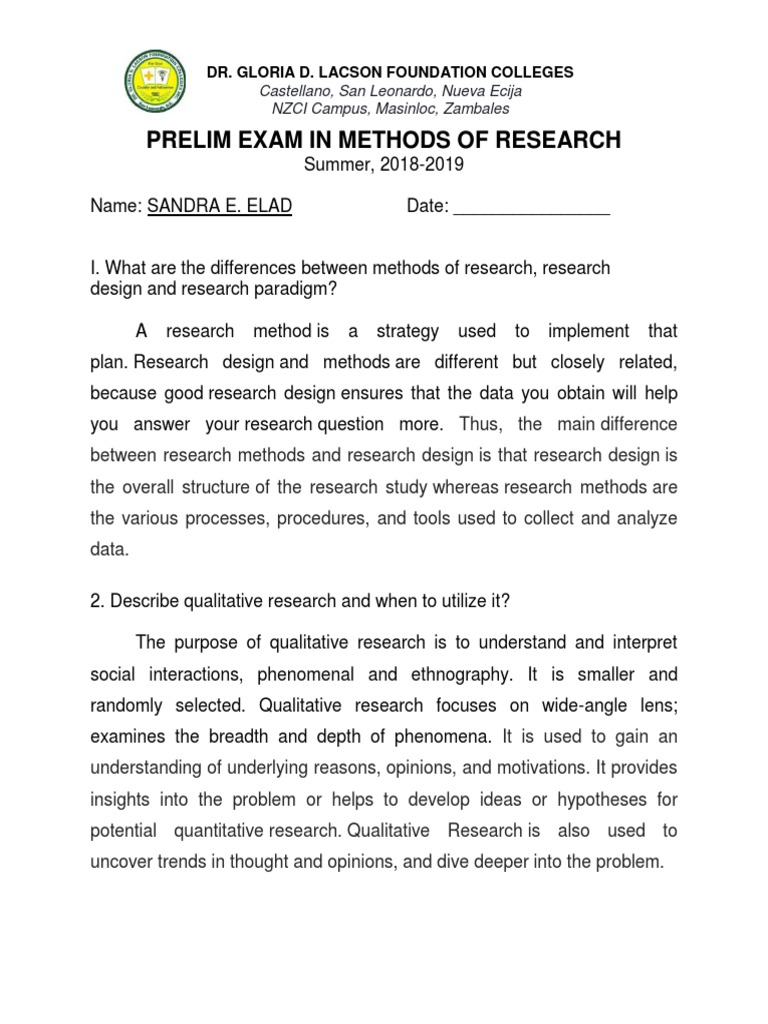 Prelim Exam in Methods of Research | PDF | Qualitative Research | Quantitative Research
