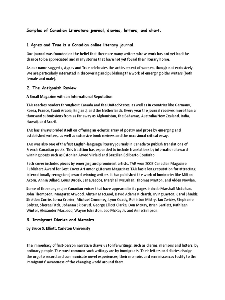 Samples of Canadian Literature Journal, Diaries, Letters, and Chart ...