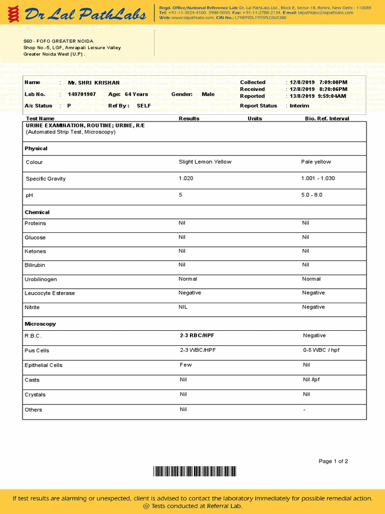 Urine Examination Report for Shri Krishan | PDF | Clinical Medicine ...