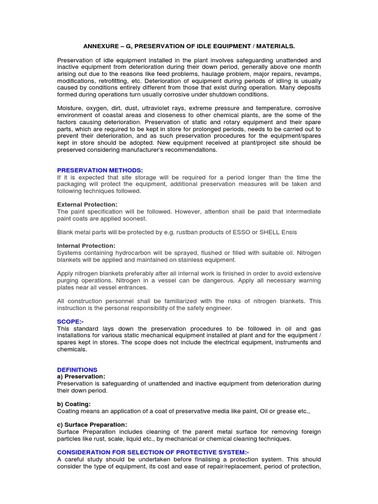 Preservation of IDLE Equipment, Materials PDF | PDF | Corrosion | Valve