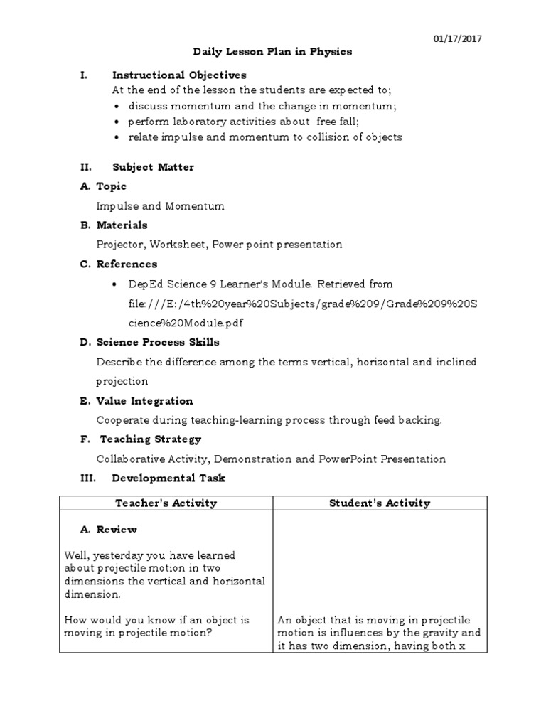 Momentum Lesson Plan | PDF | Momentum | Velocity