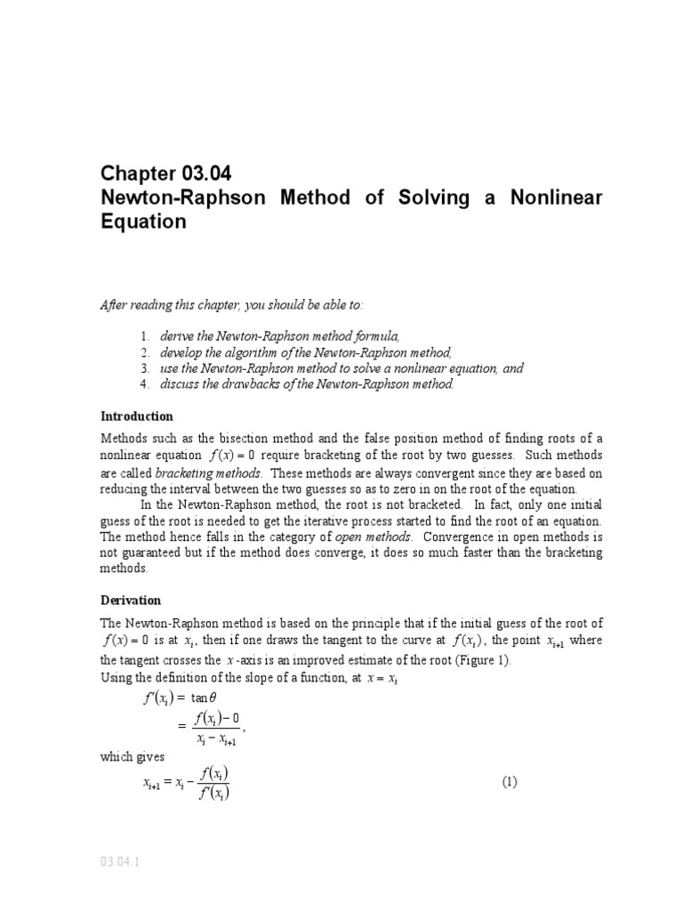 Newton-Raphson Method of Solving A Nonlinear Equation: After Reading This Chapter, You Should Be ...