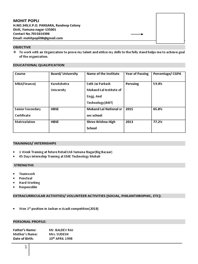 Mohit Popli - MBA Finance Resume | PDF | Business | Social Science