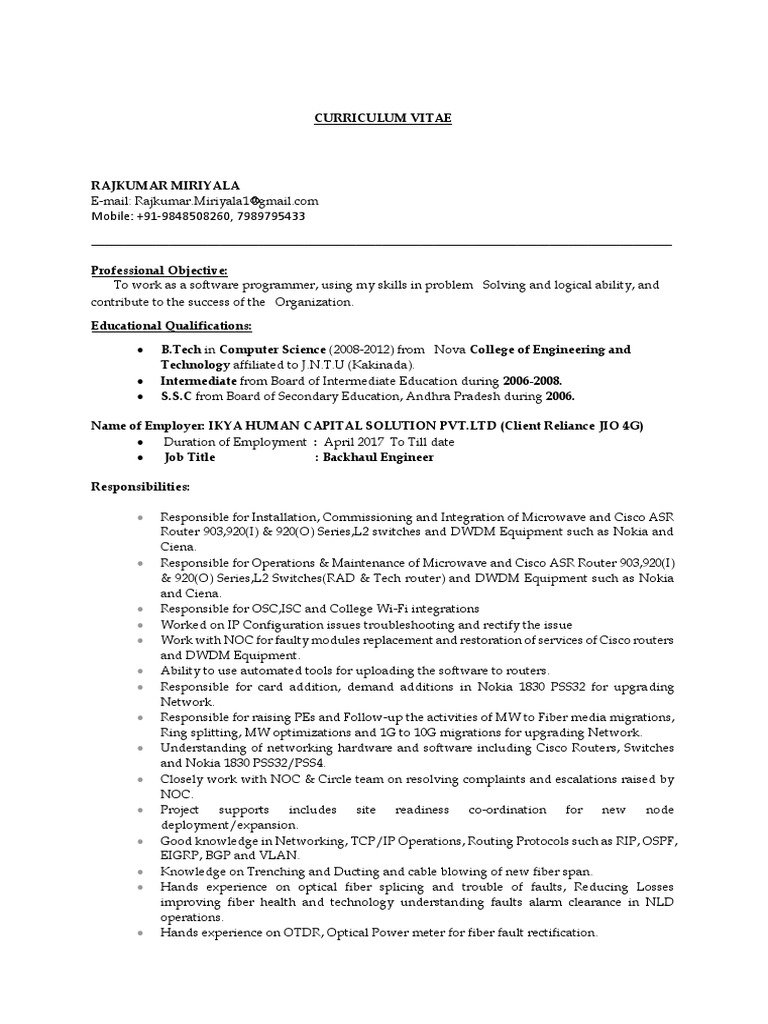 CV - Rajkumar | PDF | Optical Fiber | Internet Protocol Suite