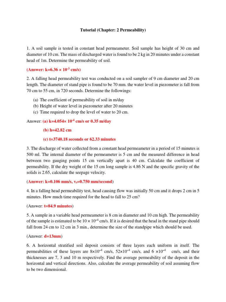 (Answer: K 6.36 × 10 CM/S) : Tutorial (Chapter: 2 Permeability) | PDF ...