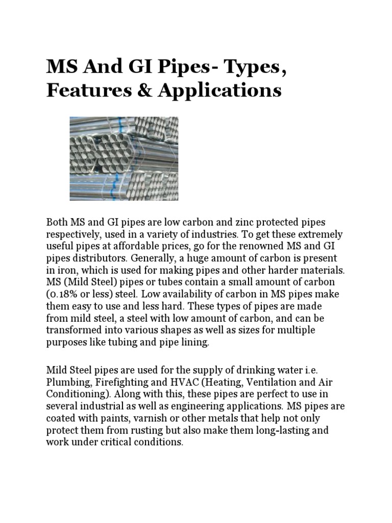 MS and GI Pipes-Types, Features & Applications | PDF | Plumbing ...