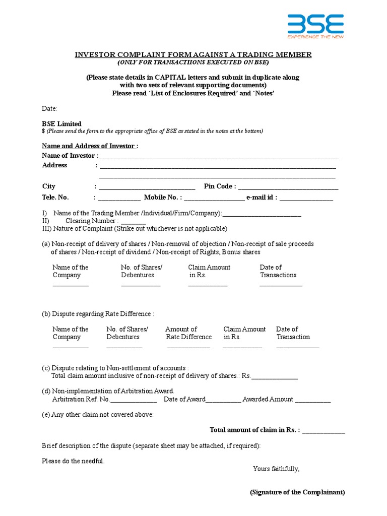 Investor Complaint Form Against A Trading Member: (Only For ...