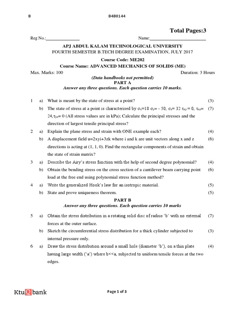 3 Advanced Mechanics of Solids ME S4 B.tech KTU 2017 | PDF | Stress (Mechanics) | Bending