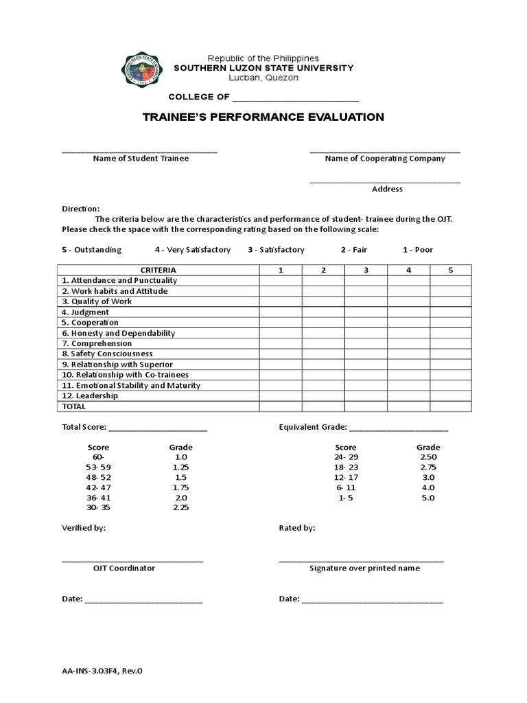 Trainee'S Performance Evaluation: Southern Luzon State University | PDF ...