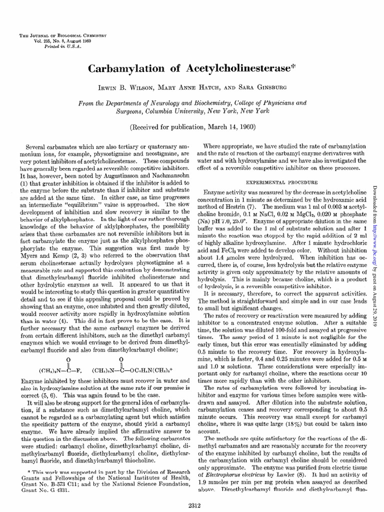 Carbamylation of Acetylcholinesterase | PDF | Enzyme Inhibitor | Enzyme