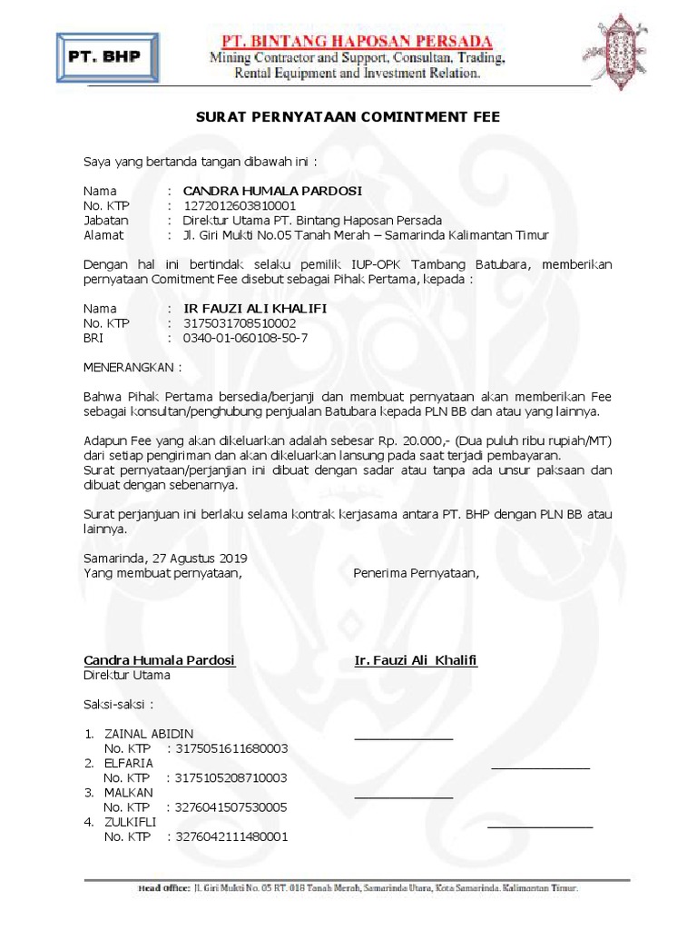 Surat Pernyataan Comintment Fee | PDF | Hukum