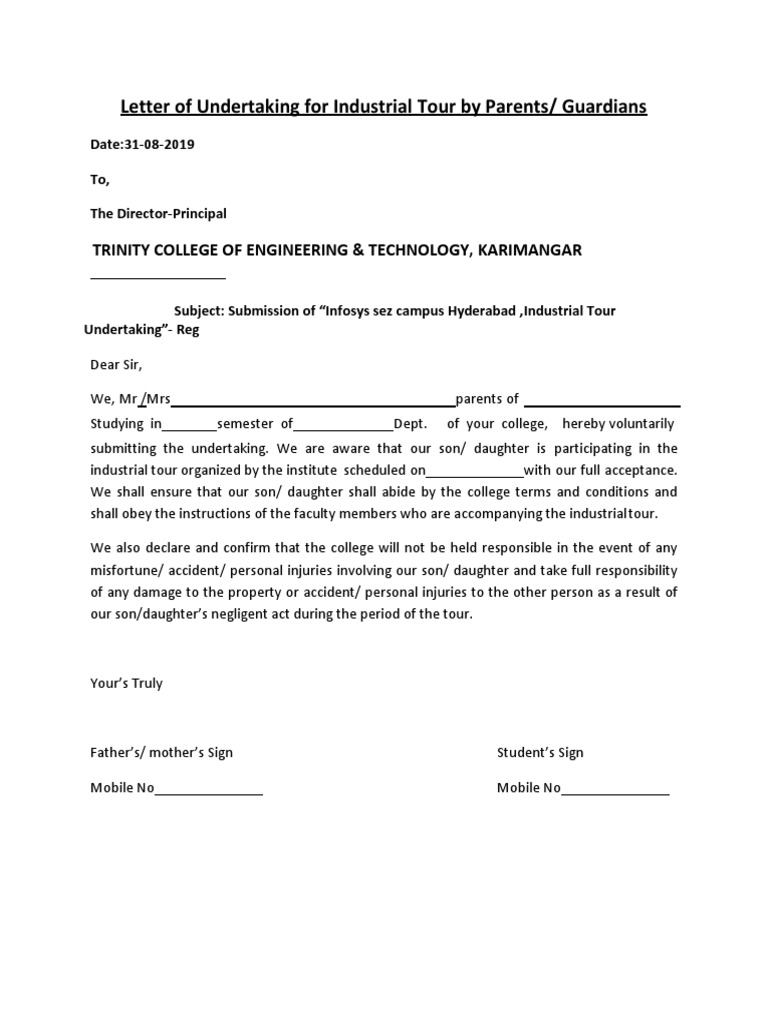 Letter of Undertaking For Industrial Tour by Parents & Students | PDF