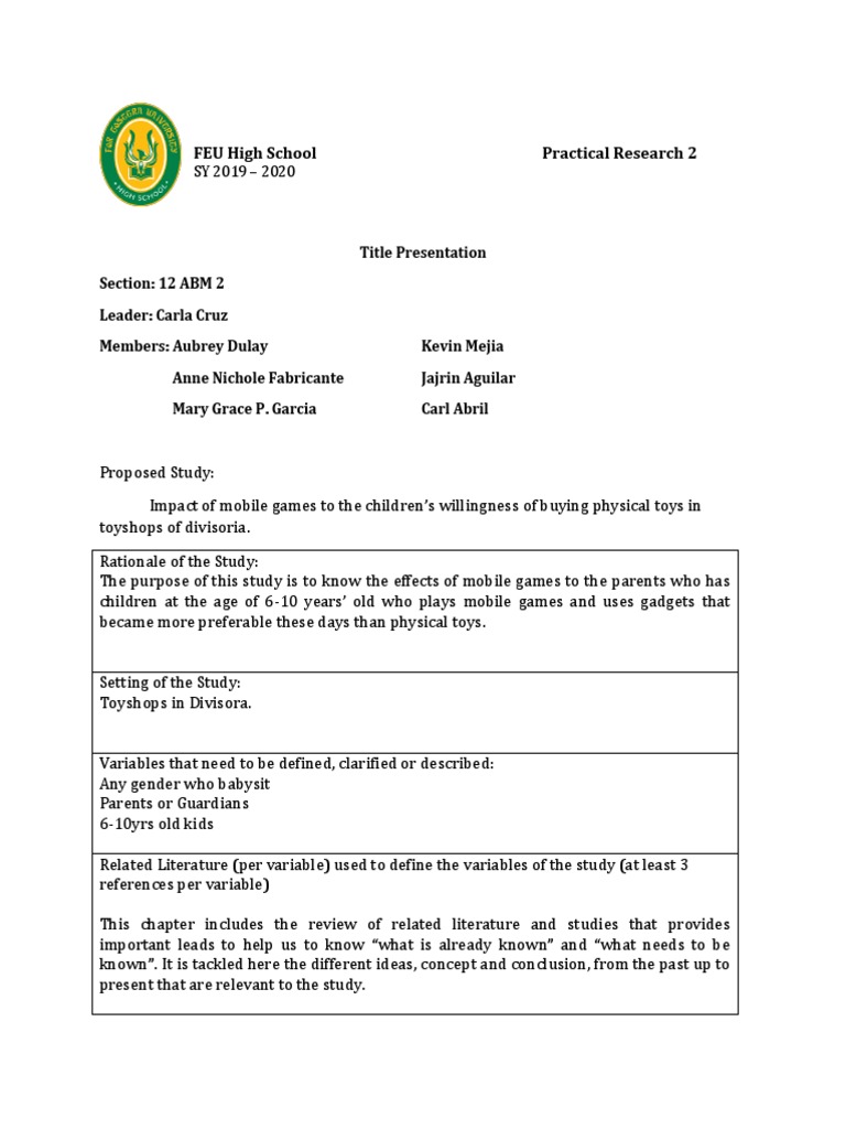 FEU High School Practical Research 2 | PDF | Video Games | Toys