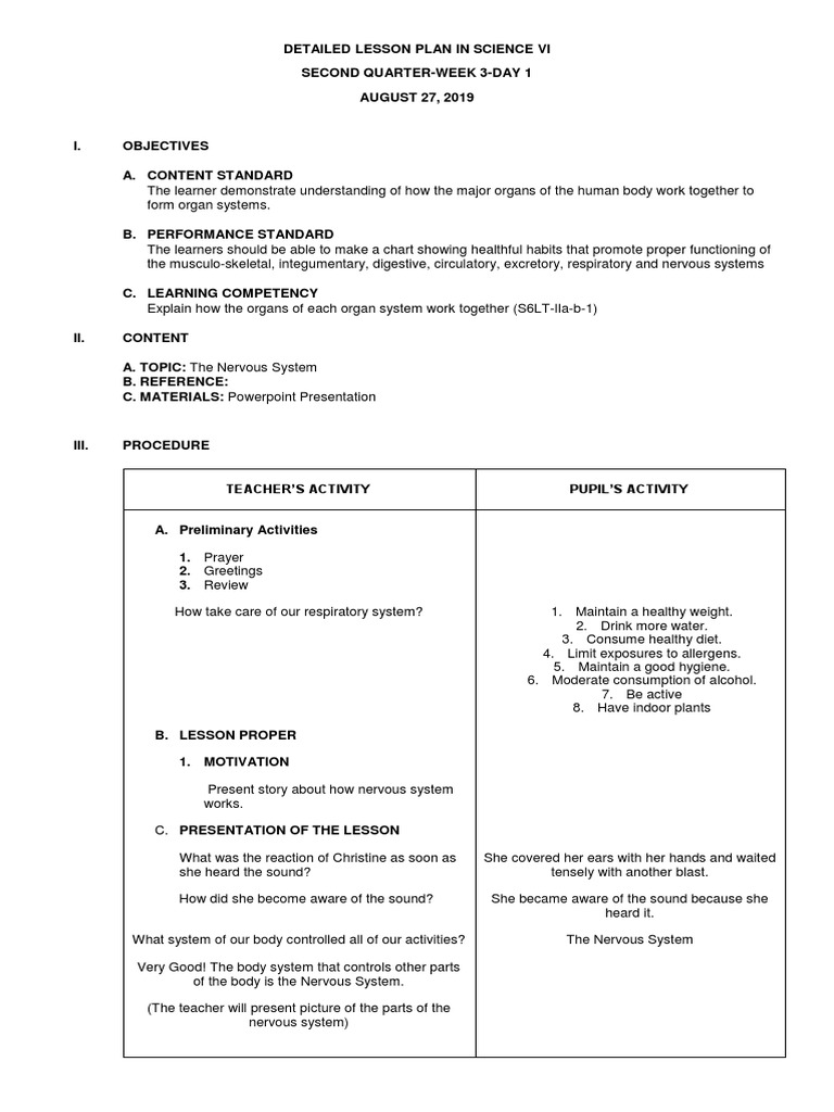Detailed Lesson Plan in Science VI-Nervous System | PDF | Nerve | Axon