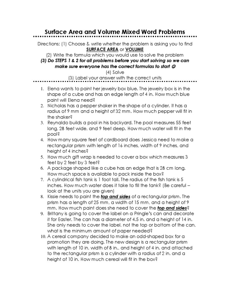 Surface Area Word Problems Worksheets With Answers