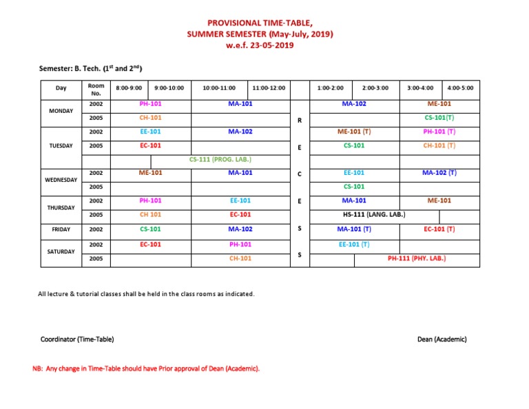 Time Table Summer | PDF