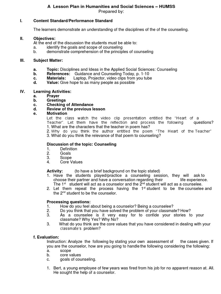 Counseling Lesson Plan for HUMSS | PDF | Lesson Plan | Thought