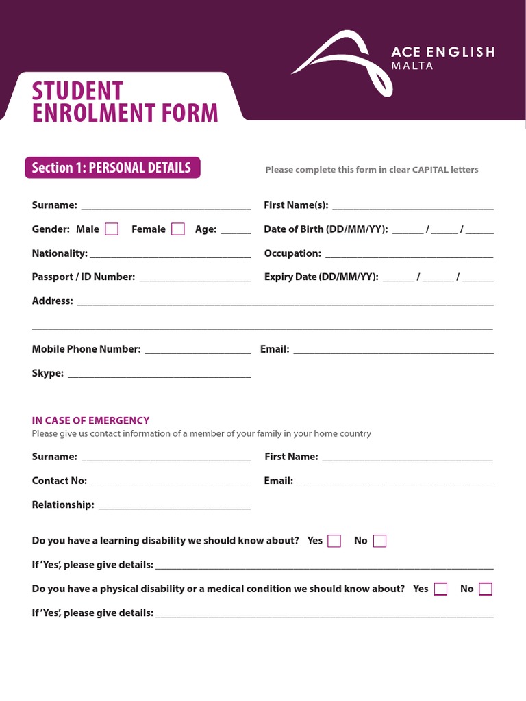 ACE English Malta - Student Enrolment Form - 2017 PDF | PDF | Fee ...