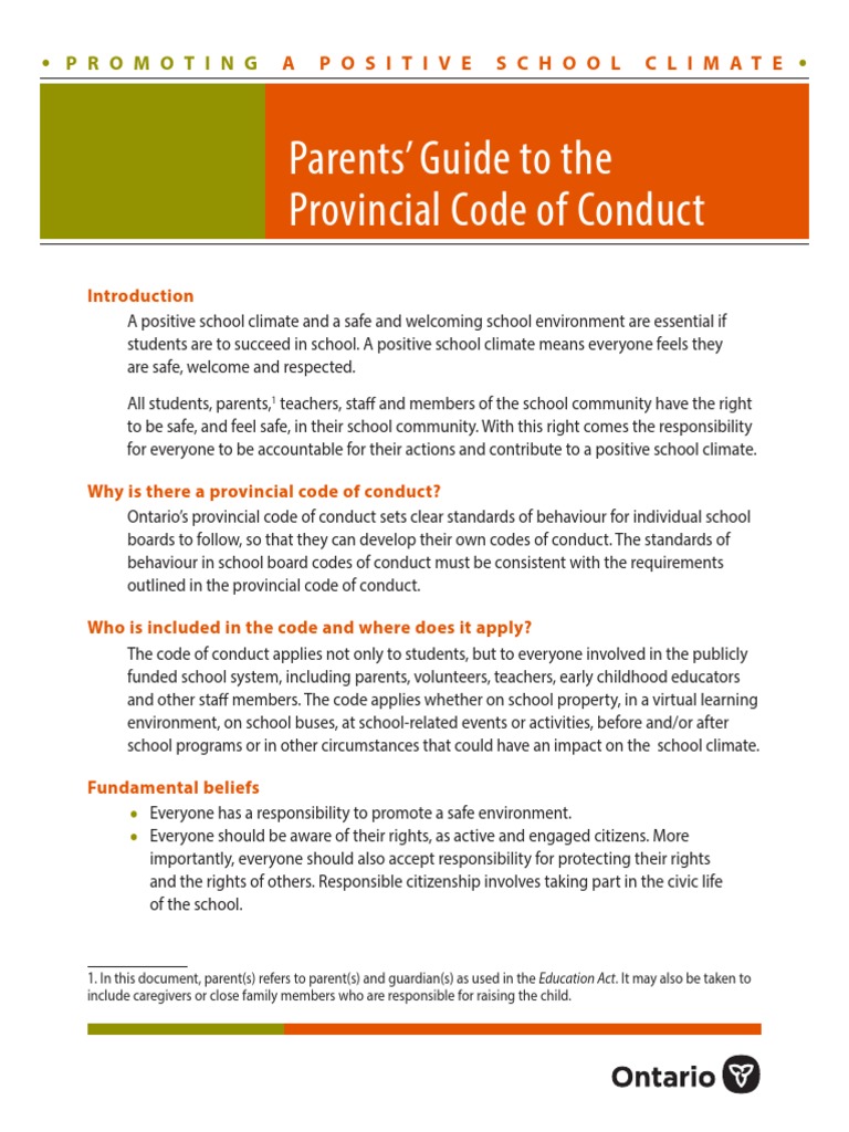 Parent's Guide To Provincial Code of Conduct | PDF | Leadership | Community