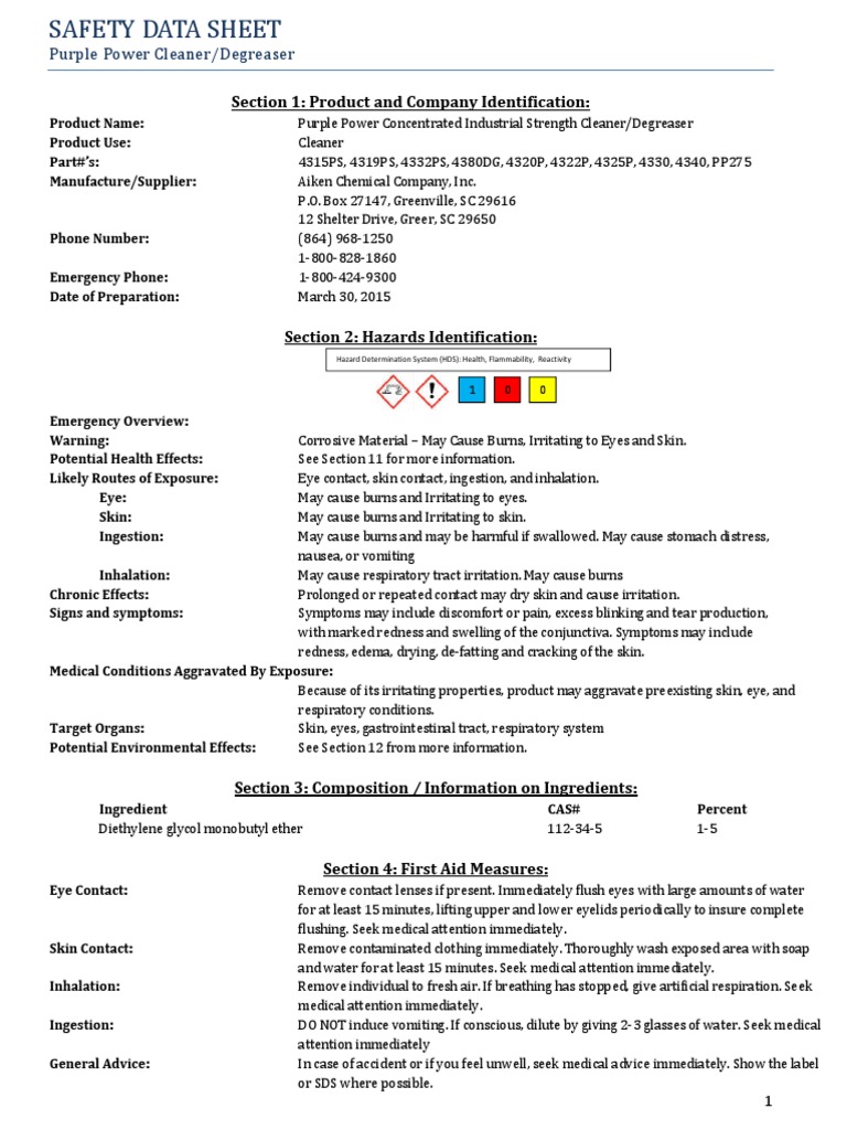 Purple Power Degreaser Safety Data Sheet | PDF | Toxicity | Dangerous Goods