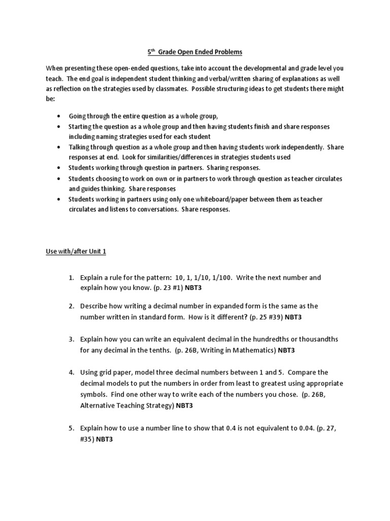 5th Grade Open-Ended Math Problems | PDF | Triangle | Teaching Mathematics