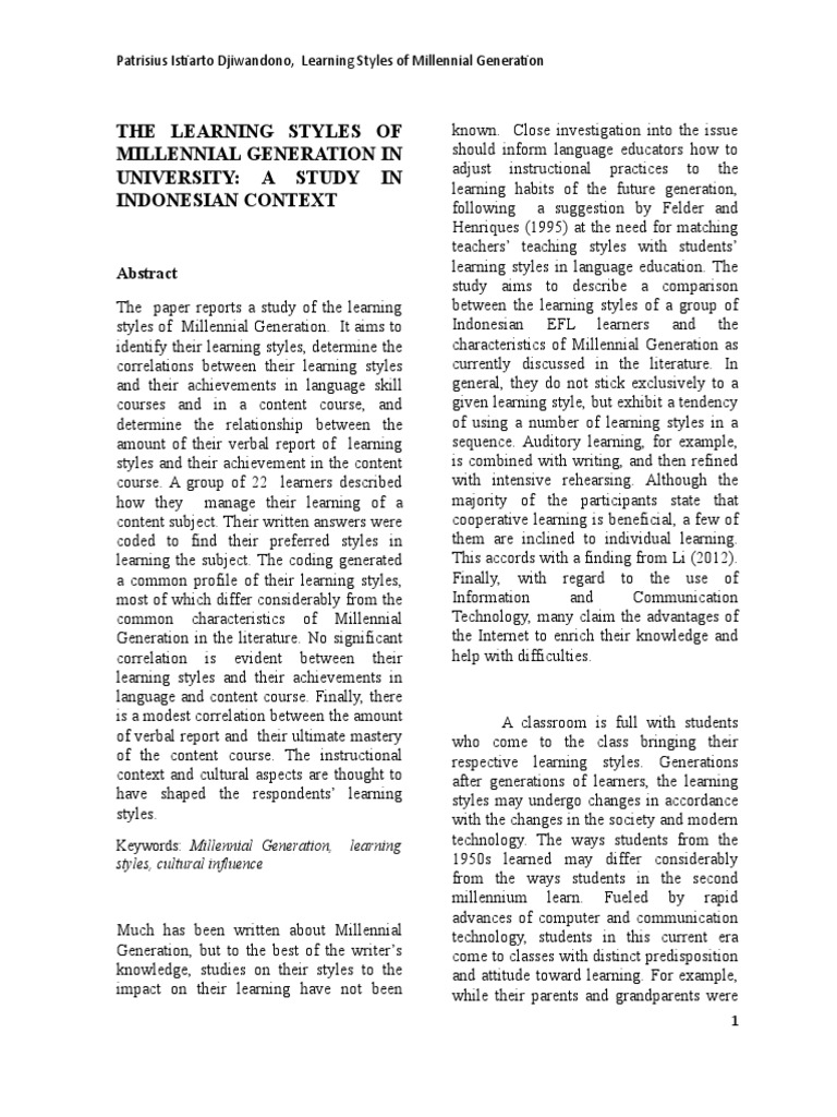 The Learning Styles of Millennial Generation in University: A Study in ...