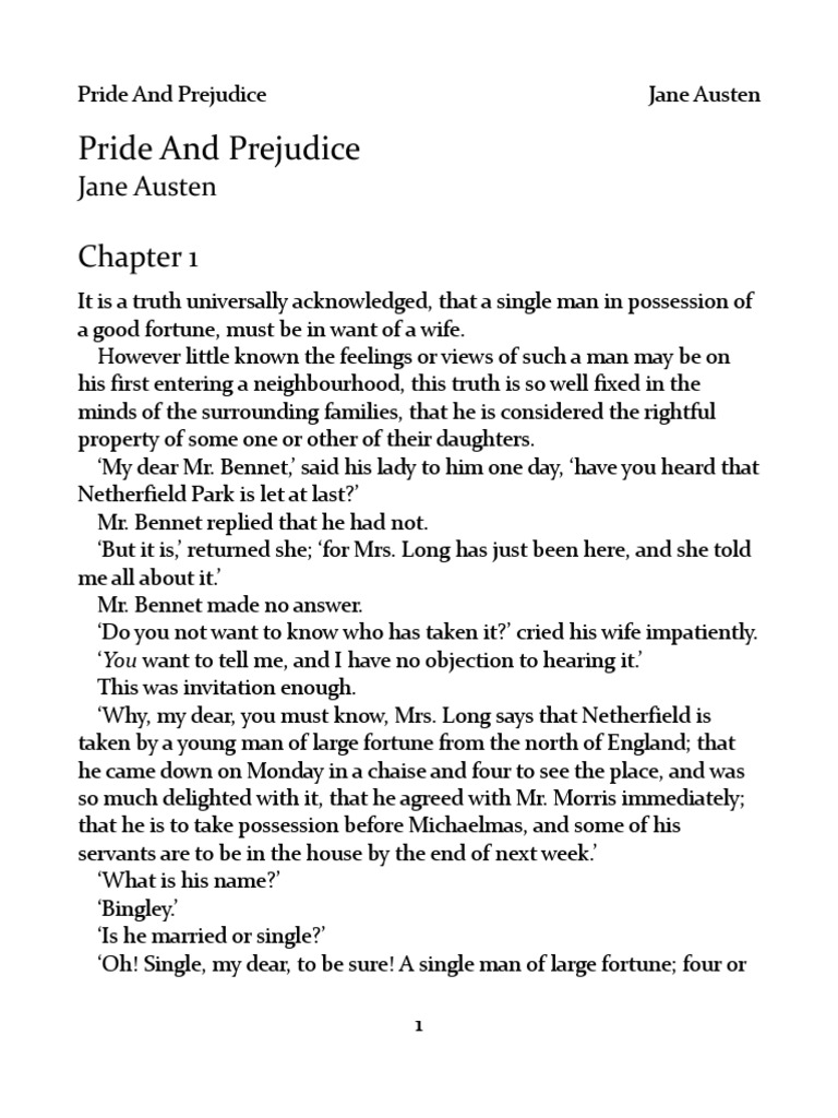 Pride and Prejudice: Chapter 1 Summary | PDF | Pride And Prejudice | Mr ...