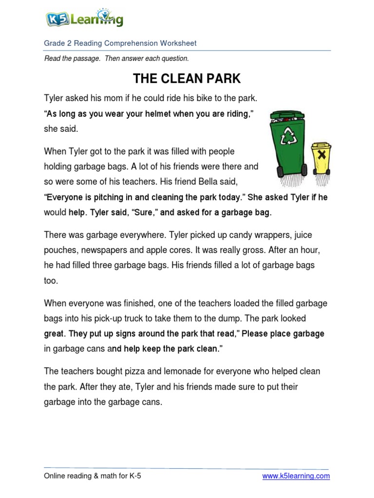 2nd Grade 2 Reading Comprehension Worksheet Clean Park PDF | PDF