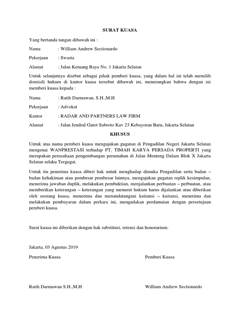 Surat Kuasa Hukum Perdata | PDF