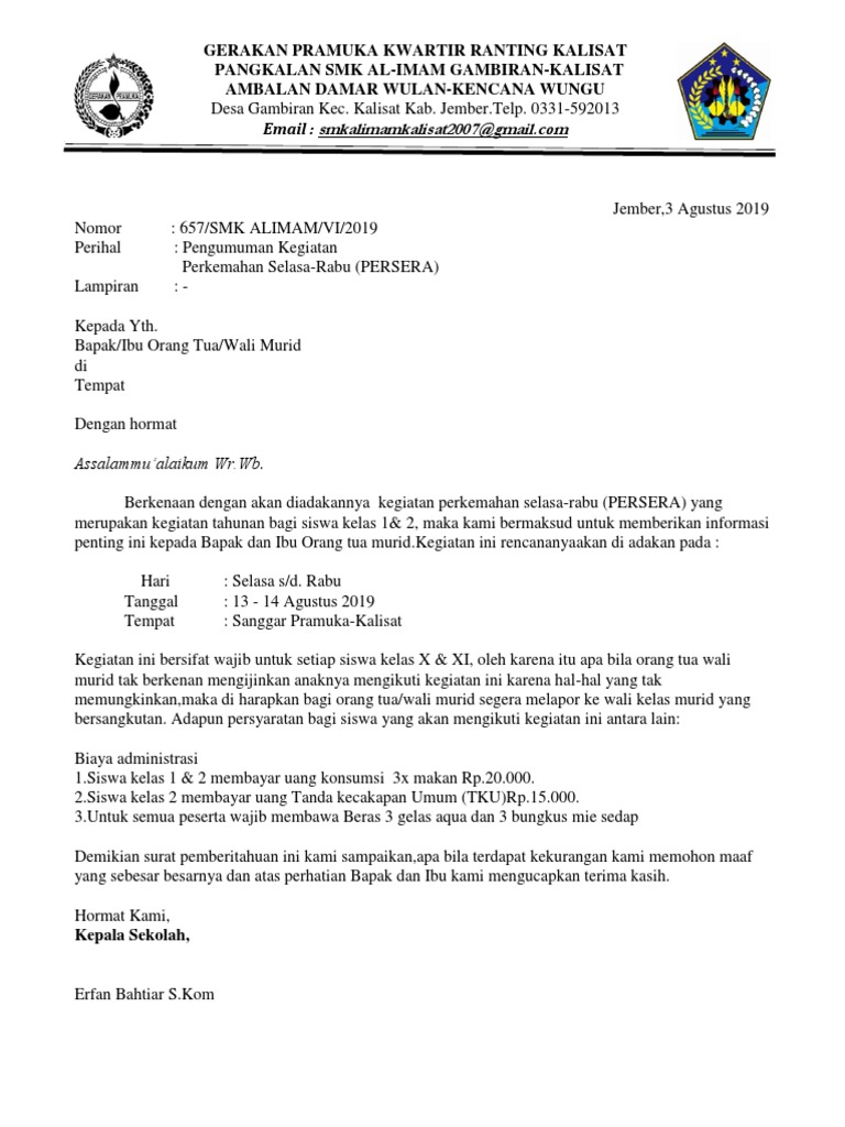 Surat Ijin Ortu & Surat Ijin Tempat SMK Al - Imam | PDF