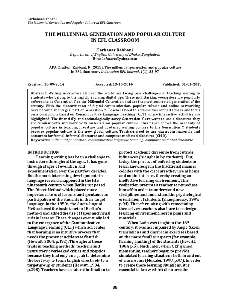 The Millennial Generation and Popular Culture in Efl Classroom | PDF ...