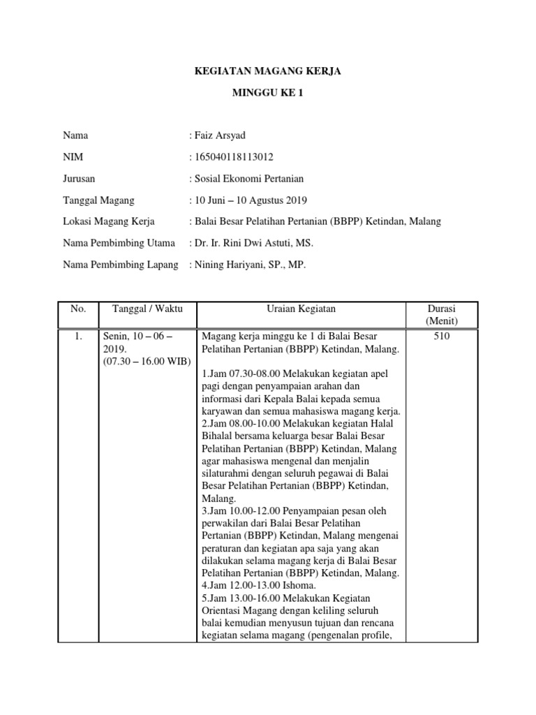 Logbook Magang Minggu Ke 1 | PDF