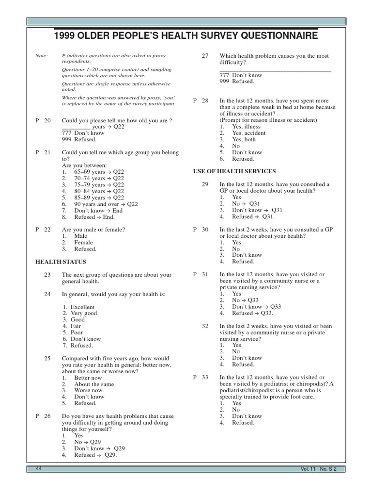 1999 Older People'S Health Survey Questionnaire: Use of Health Services ...