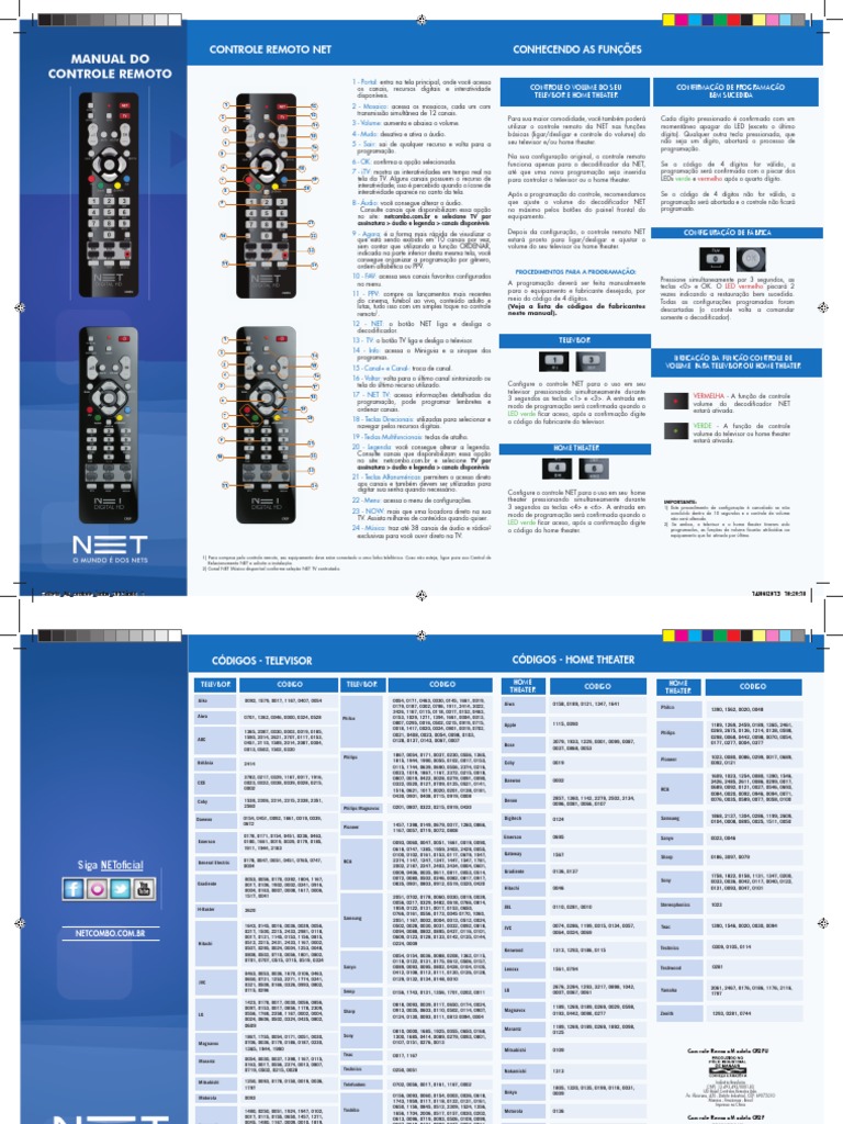 Manual Controle Remoto Net Digital HD CR2FU PDF | PDF | Diodo emissor ...