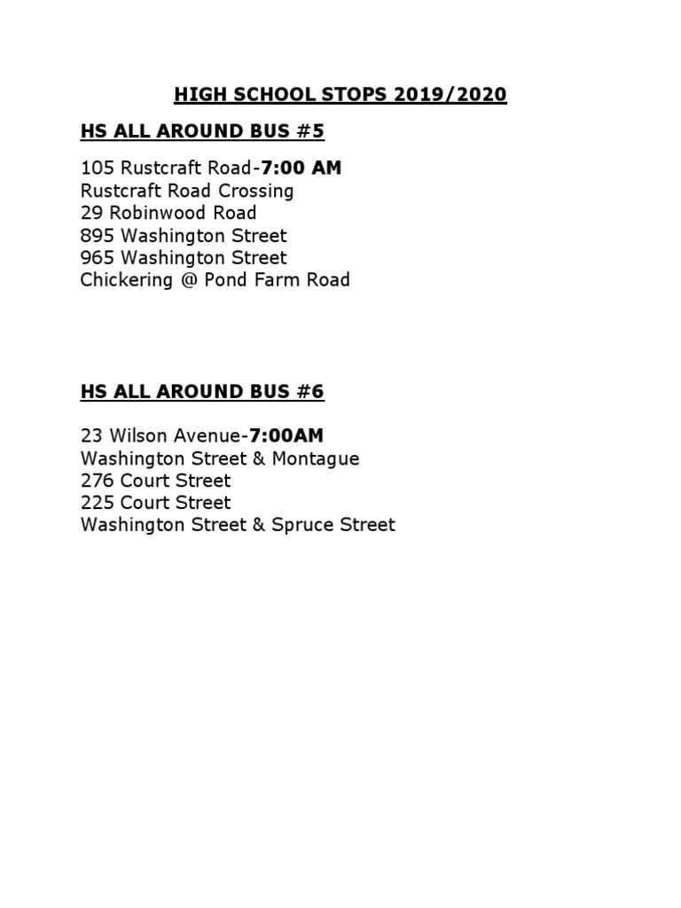 HIGH SCHOOL STOPS 2019/2020 Hs All Around Bus #5 | PDF