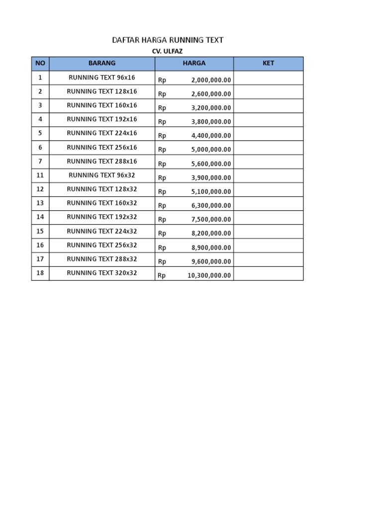 Daftar Harga Running Text | PDF