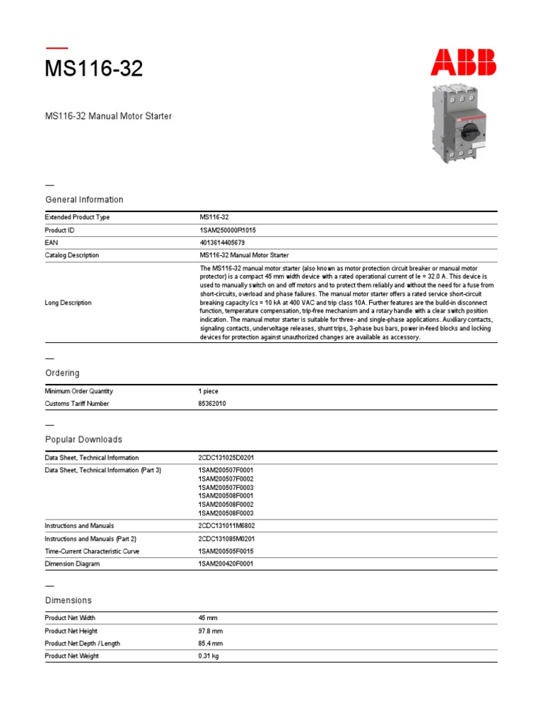 MS116-32 Manual Motor Starter: General Information | PDF | Fuse ...