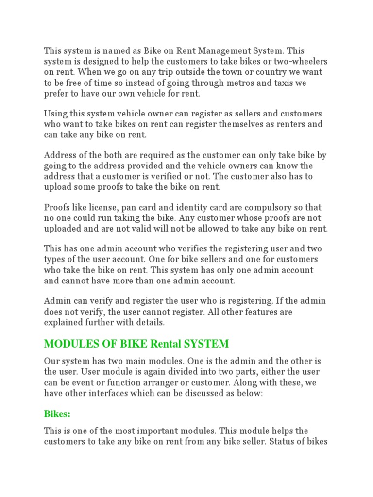Bike On Rent Management System | PDF | User (Computing) | Renting