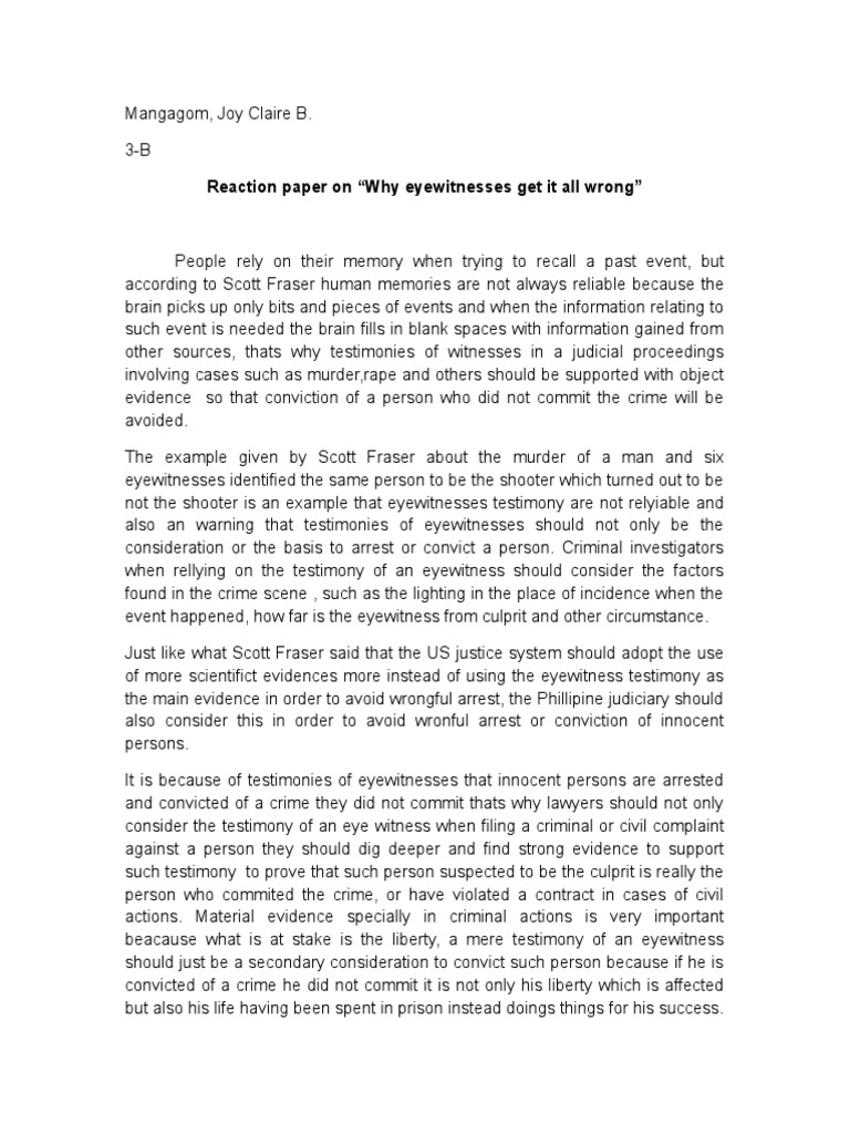 Reaction Paper On "Why Eyewitnesses Get It All Wrong" | PDF | Social ...