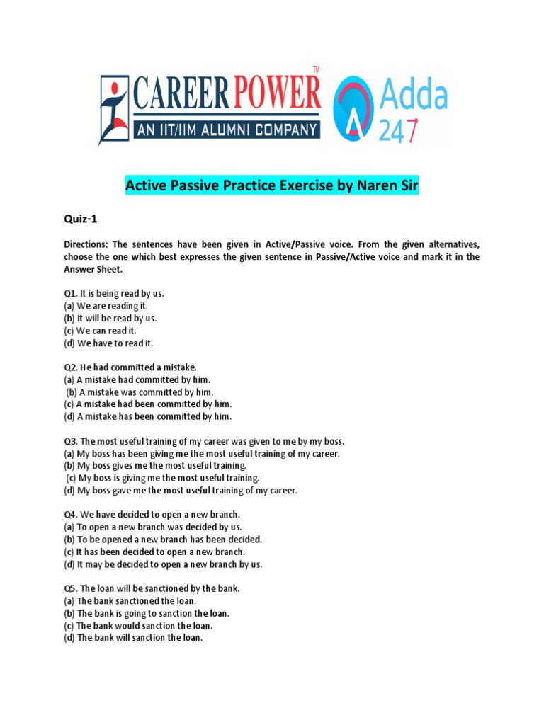 Active Passive Voice Practice Quiz | PDF